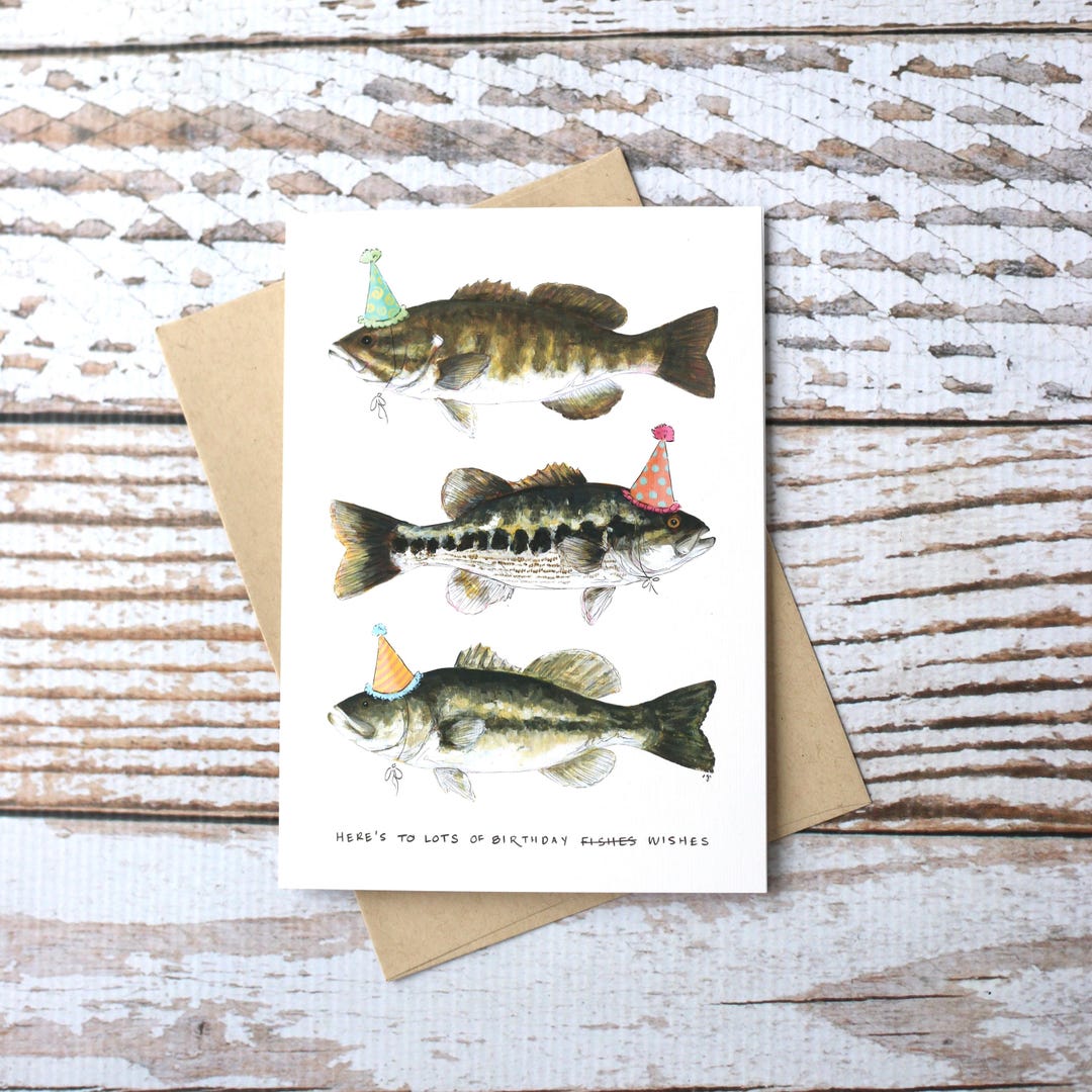 Bass Fish Birthday Card | Fishing Guy Stationery | Fisherman Notecard ...