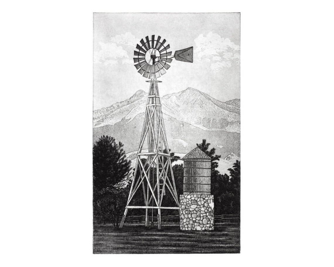 The Windmill - DIGITAL PRINT - Black & White Landscape Etching of a ...
