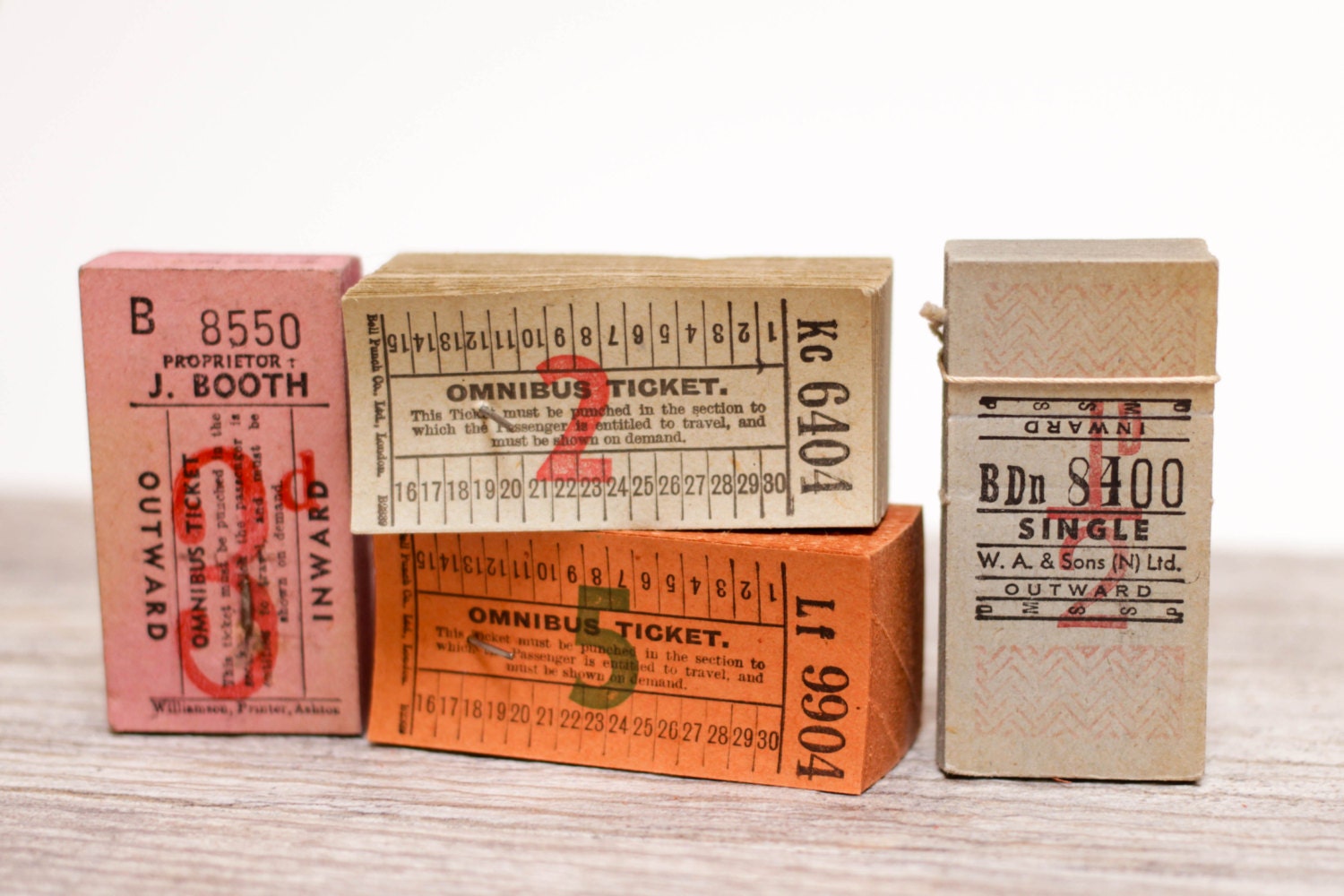 4 X Vintage Bus Tickets European British Pink Orange Colorful Paper Lot ...