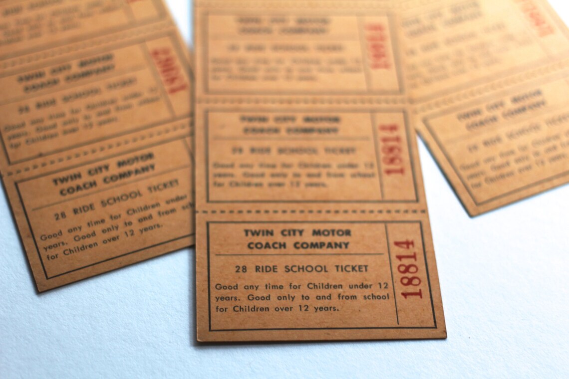 4 X Vintage School Bus Tickets Ride Twin City Motor Company Back to ...