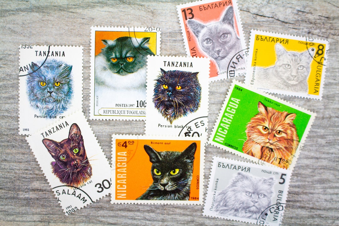 9x Vintage Black Cat Postage Stamps Halloweeen Print Decor Pictures Superstitious Junk Journal ...