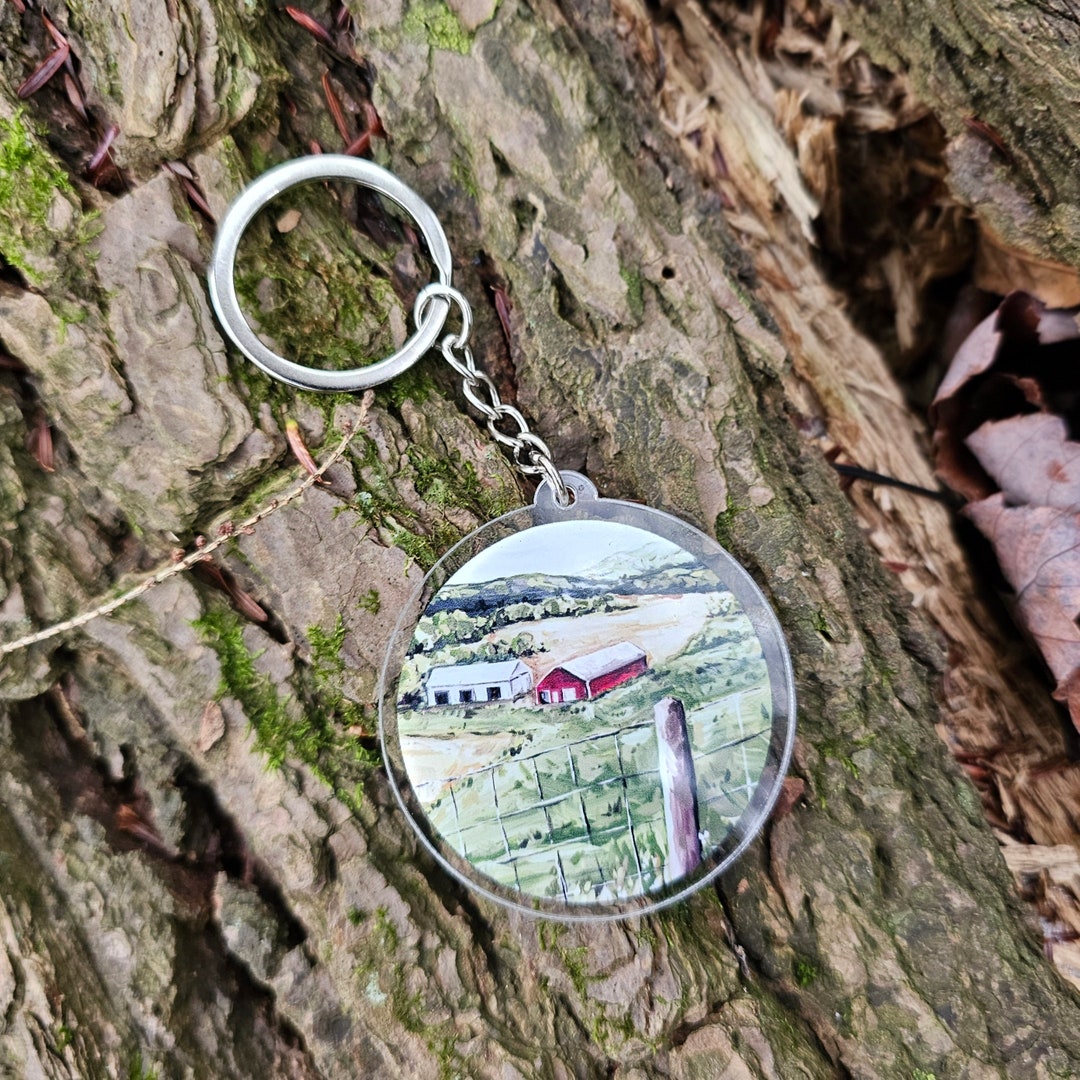 Red Barn and Field Landscape Acrylic Keychain, Rustic Landscape, Gift ...