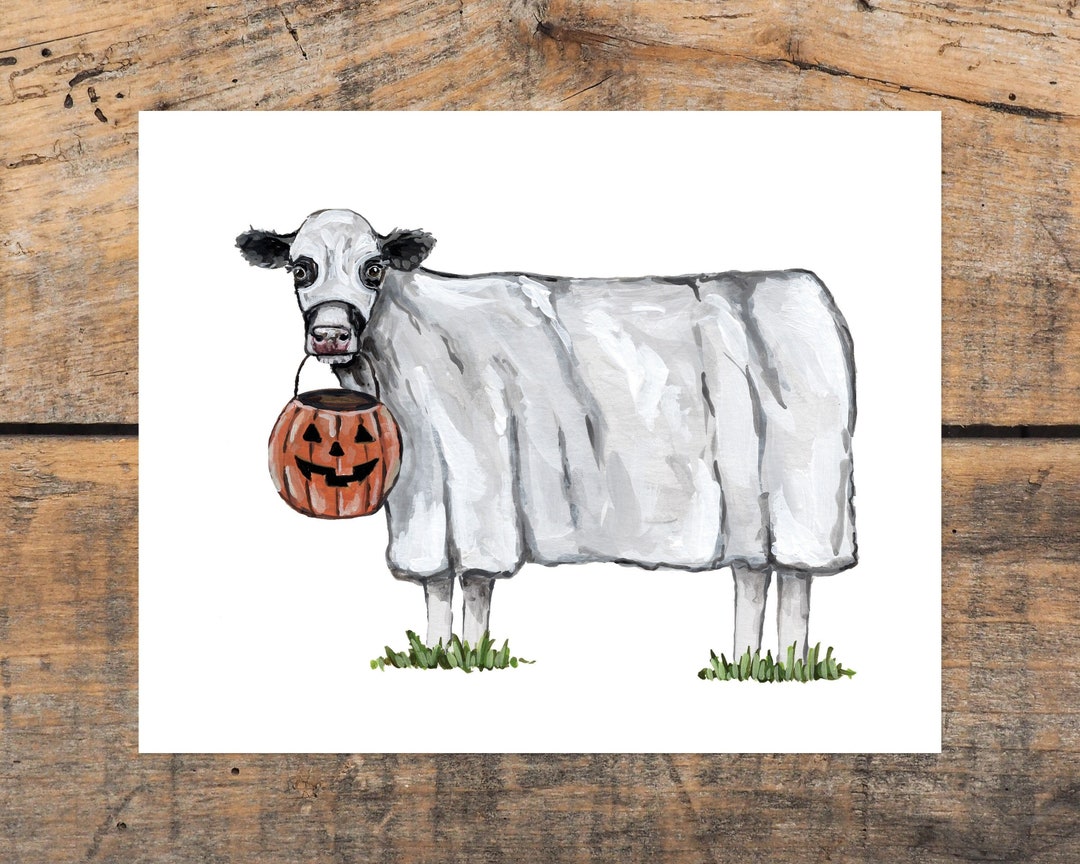 Ghost Cow Art Print, Holstein Black and White Cow Halloween Print ...
