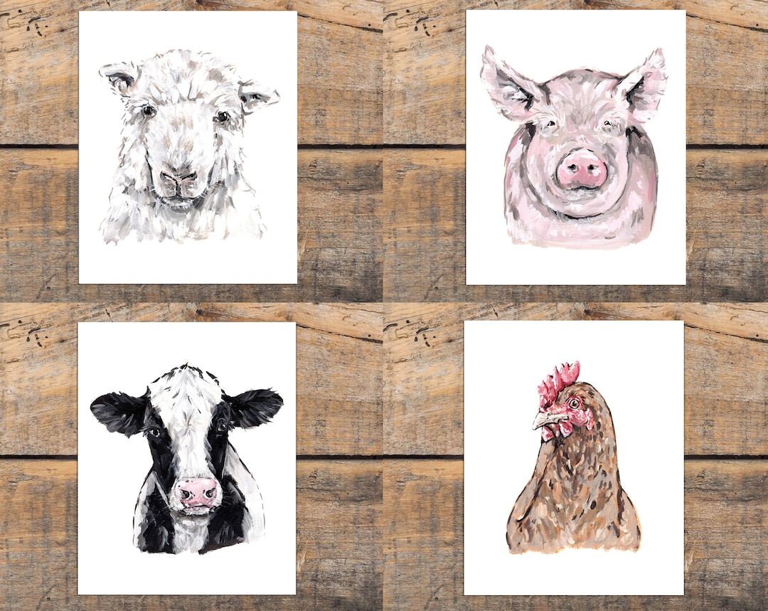 Farm Animal Art Print, Rustic Wall Art Print Set, Cow, Sheep, Pig ...