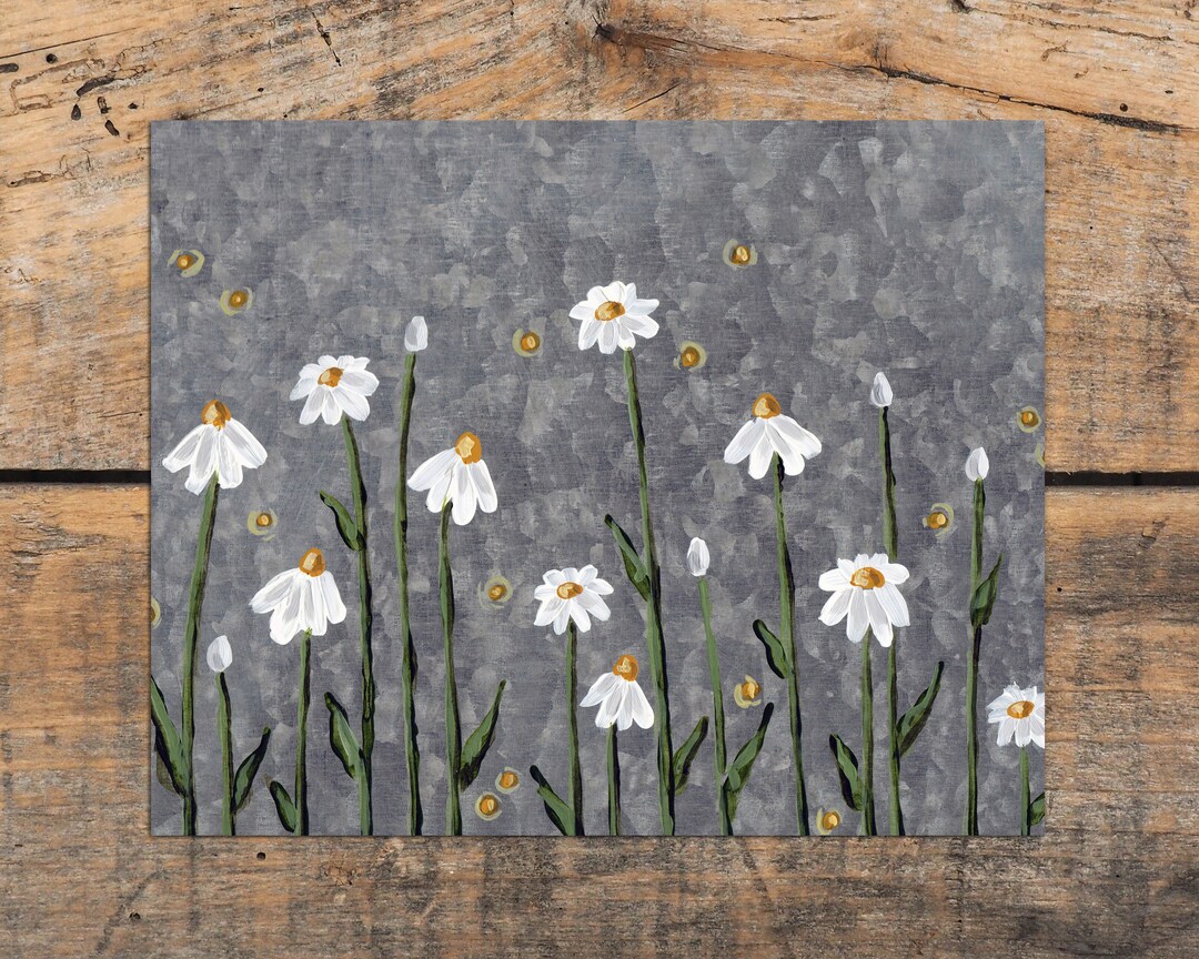 Rustic Daisy Art Print, Daisy Flowers With Lightning Bugs With Metal ...