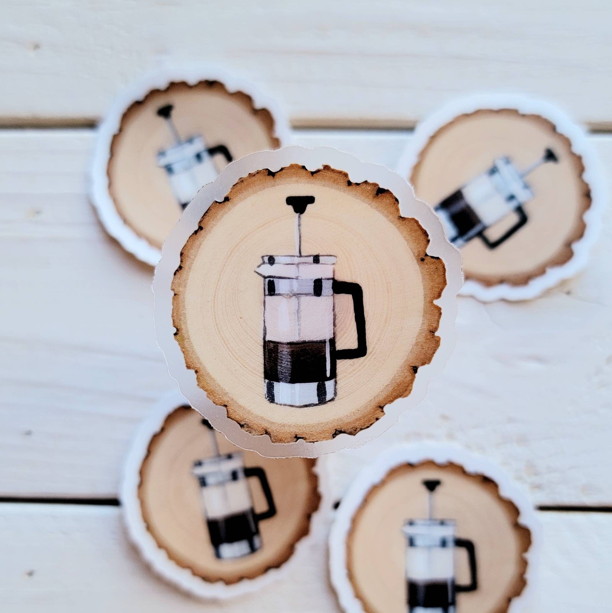 French Press Wood Vinyl Sticker, Water Bottle Sticker, Rustic Laptop ...