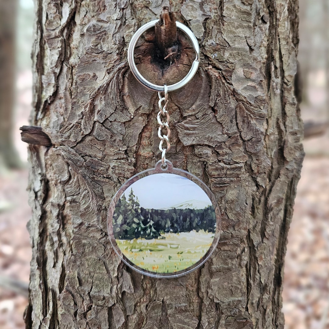 Flower Field Landscape Acrylic Keychain, Pine Trees and Mountains, Gift ...