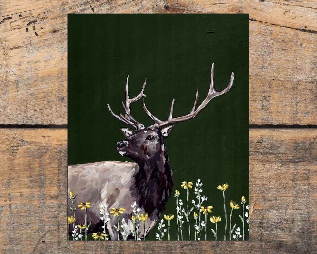 Elk and Wildflower Art Print, Rustic Elk Decor, Black Eyed Susan ...