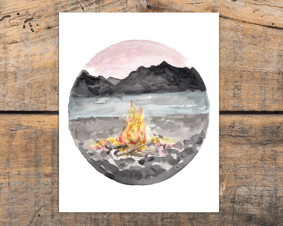 Campfire Landscape Art Print, Pink Sky Sunset Lake, Rural Landscape ...