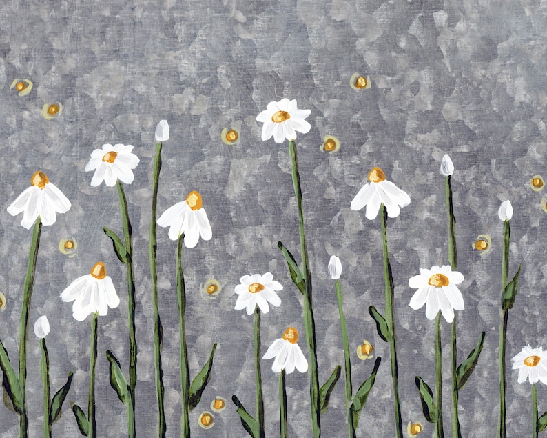 Rustic Daisy Art Print Daisy Flowers with Lightning Bugs with | Etsy