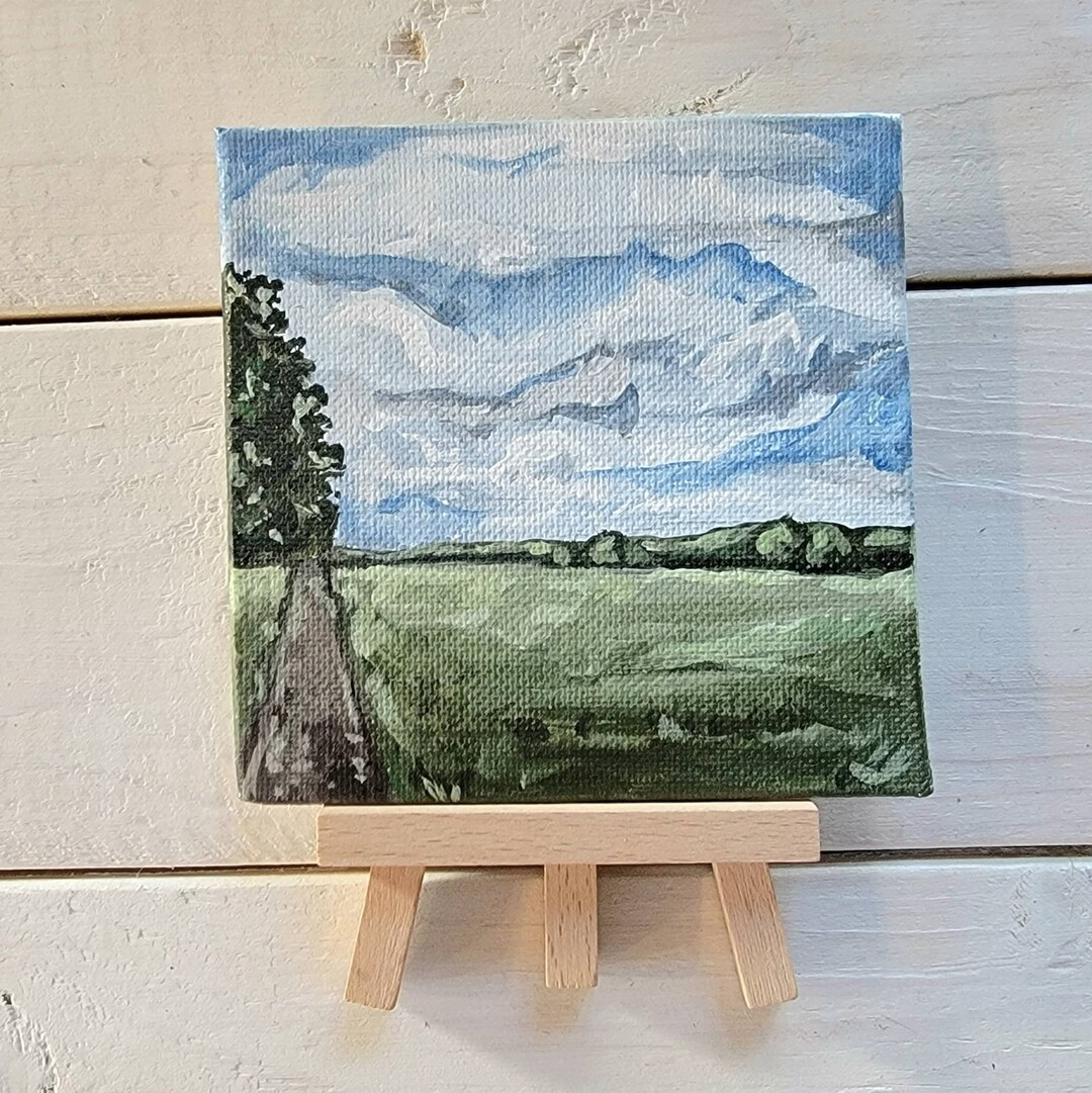 Mini Landscape Painting, Rustic Original Painting, Rural Field ...