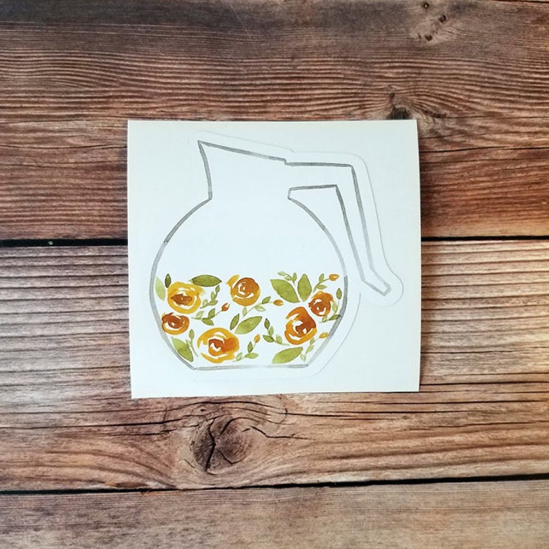 Coffee Pot Sticker, Floral Coffee Pot Vinyl Sticker, Yellow Flowers ...
