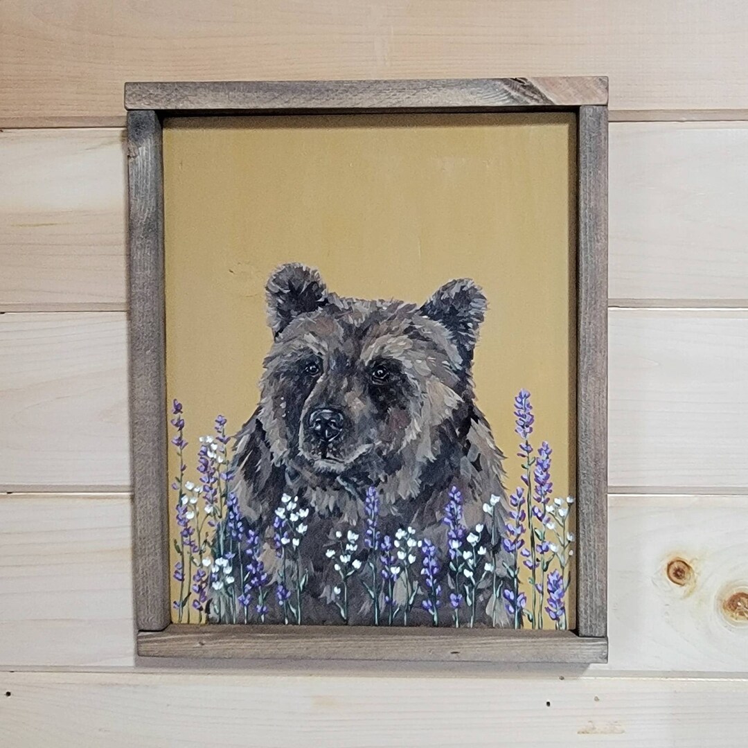 Original Bear Painting, Rustic Grizzly Bear on Wood, Among the ...