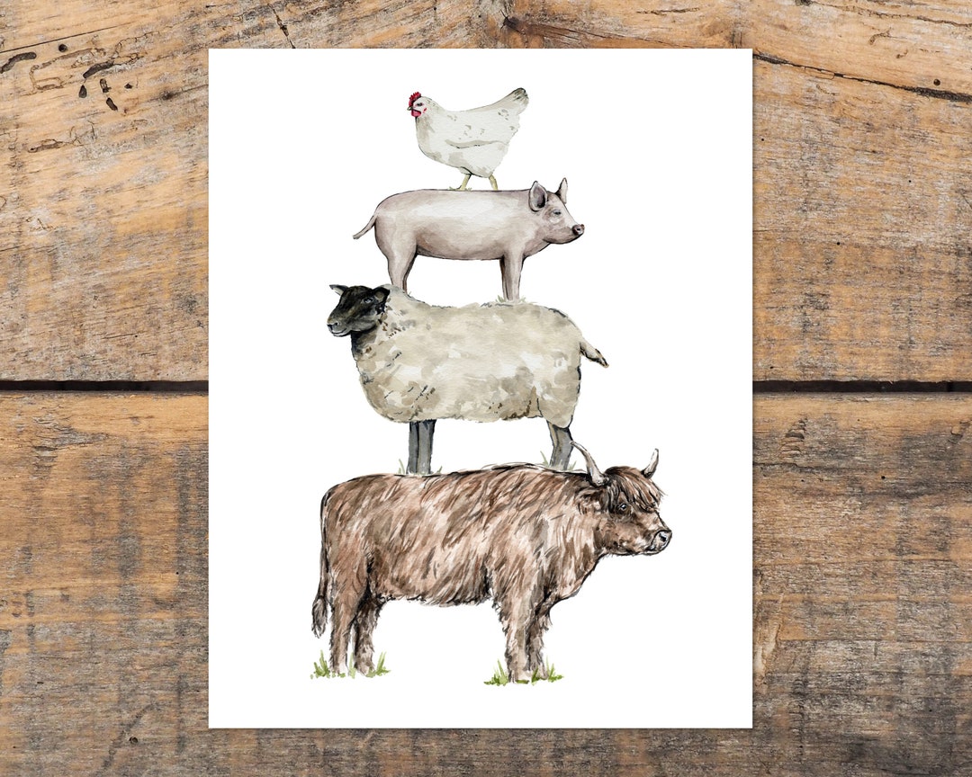 Farm Animal Stack Art Print, Farm Animal, Highland Cow, Sheep, Pig ...