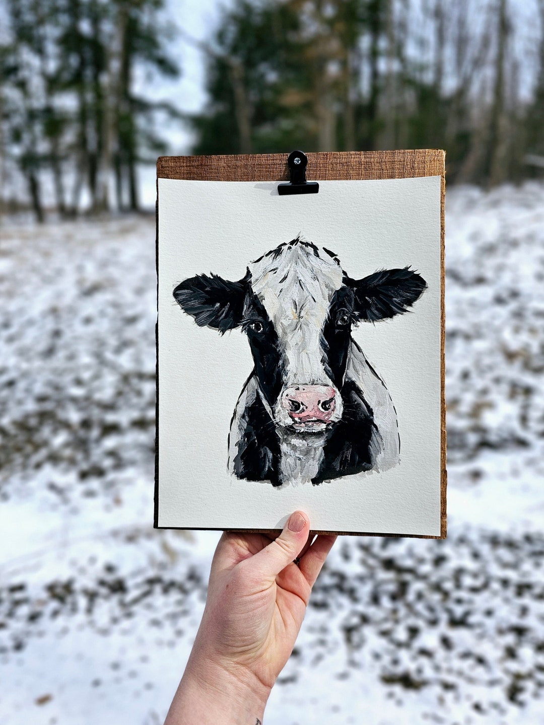 Cow Holstein Original Painting on Black Walnut Frame, Black and White ...
