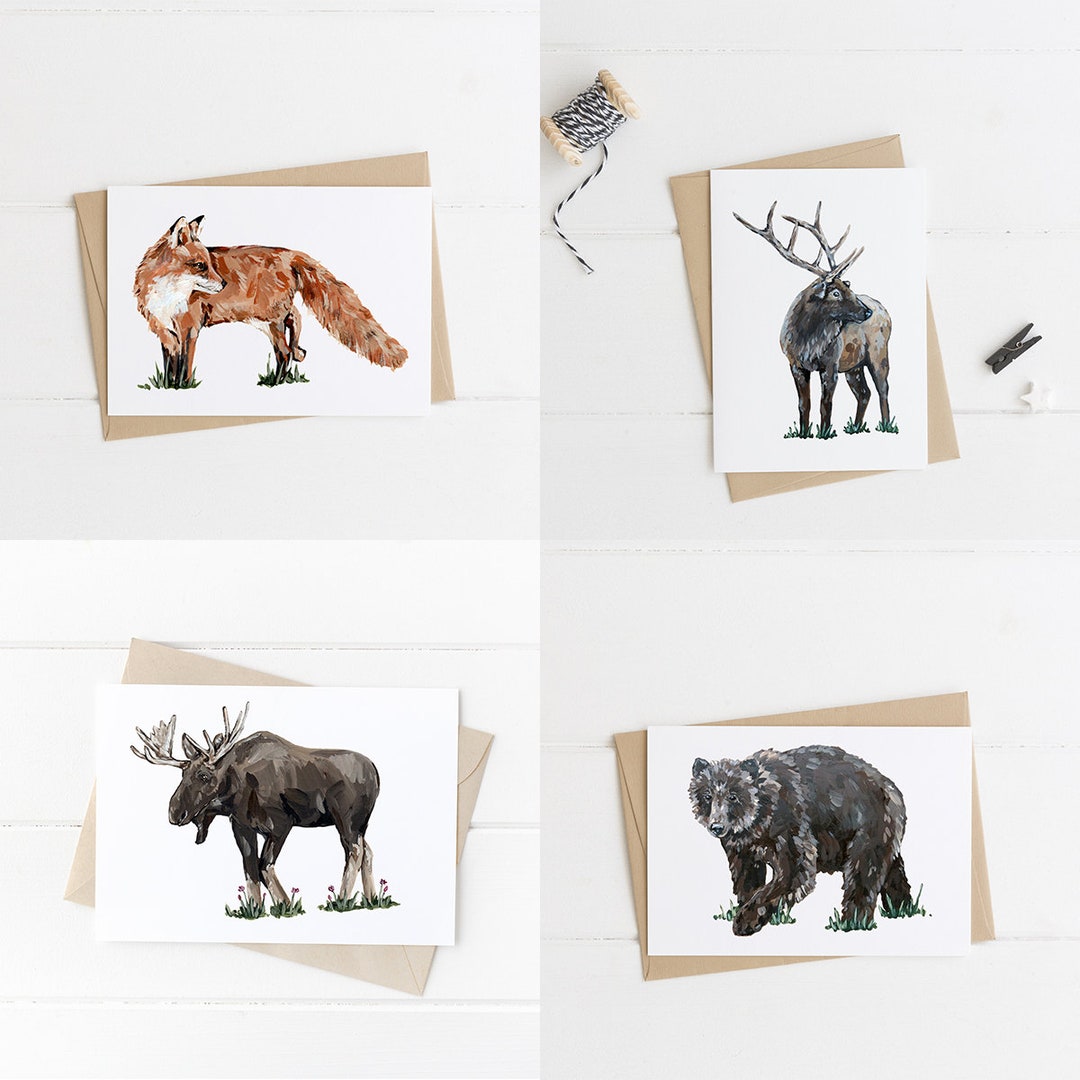 Woodland Forest Animals Greeting Card Set of 4, Rustic Fox, Elk, Moose ...