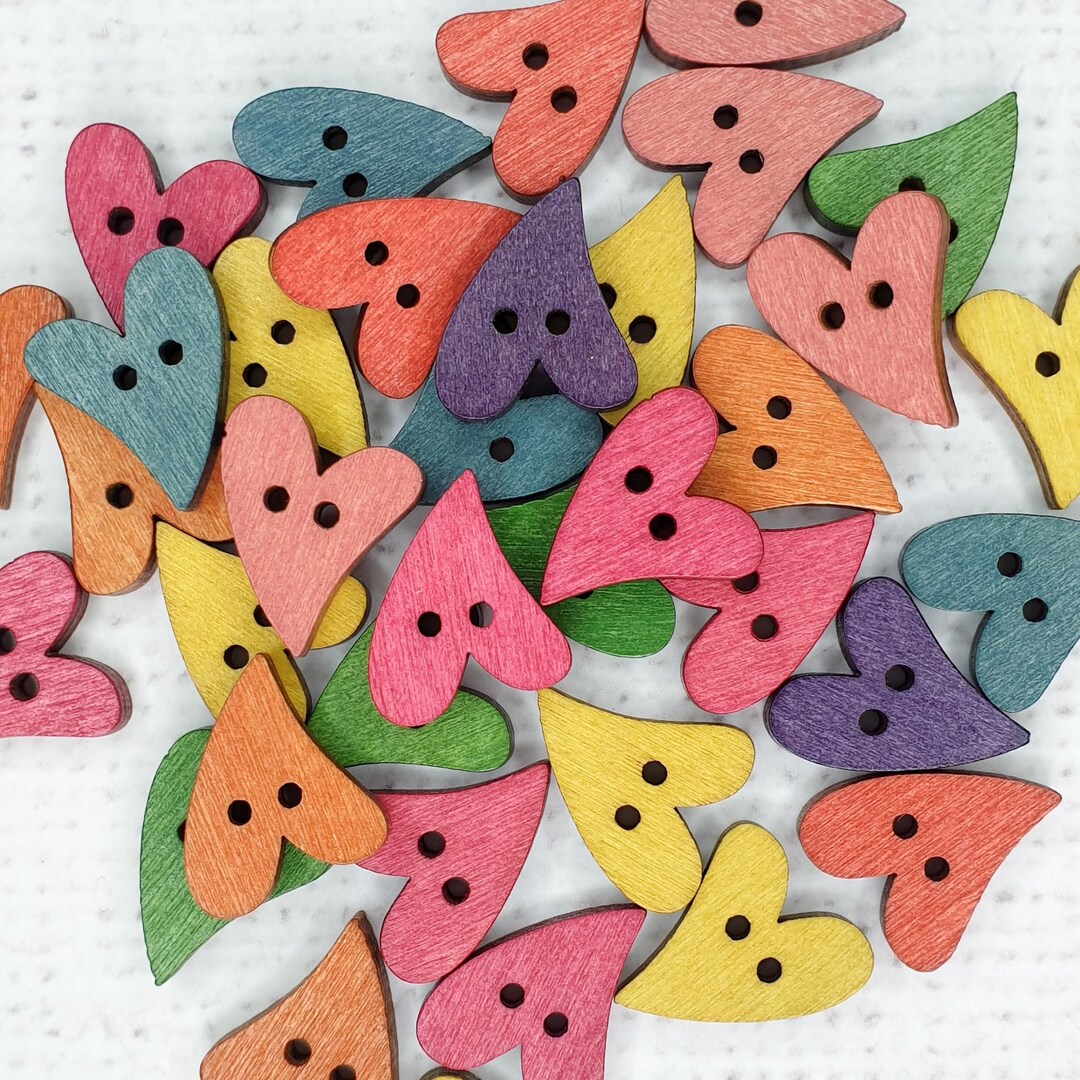 16mm Slanted HEART Button Assorted Colour Wooden Heart Button ...