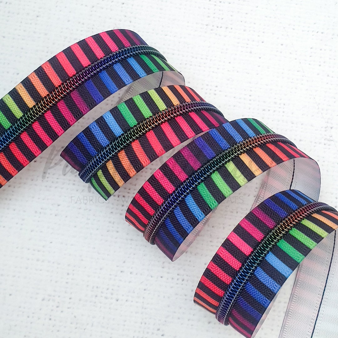 Rainbow & Black Printed Stripe Zipper Tape With DARK Rainbow Coil Teeth ...