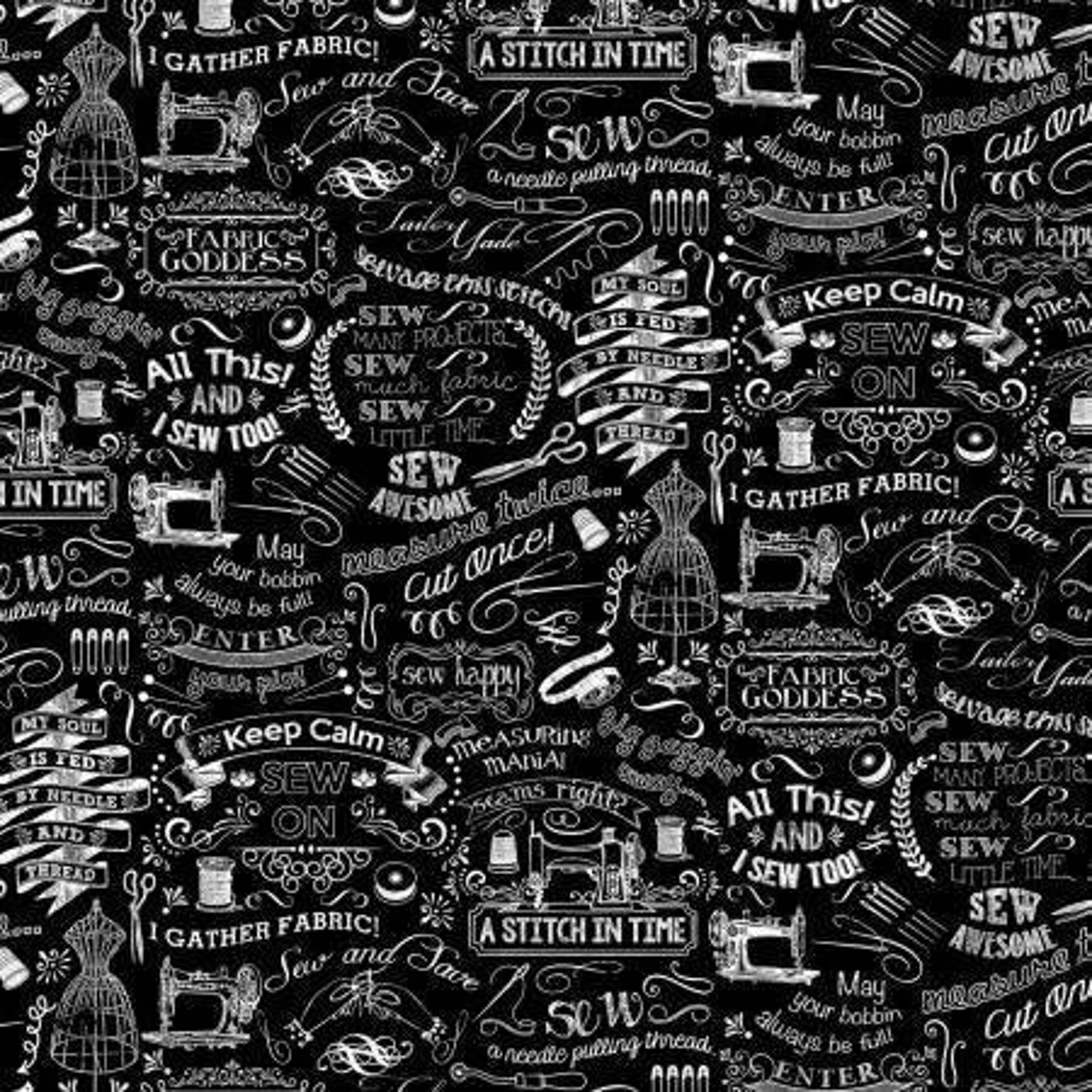 Black Sewing Words Sew Floral Timeless Treasure Fat Quarters 100% ...