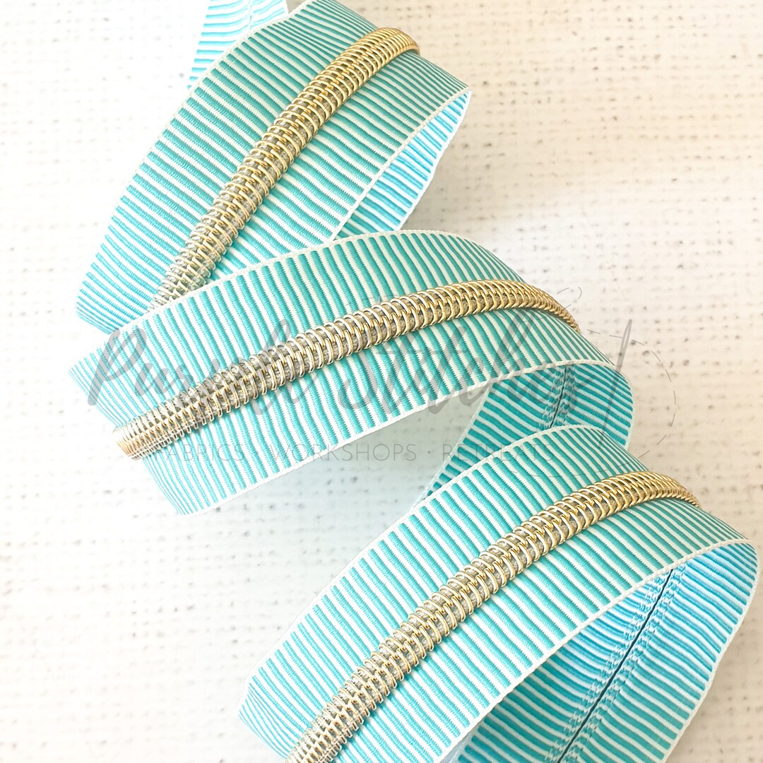 Aqua Blue Zebra Zipper Tape With Light Gold Colour Coil Teeth - #5 Zip ...