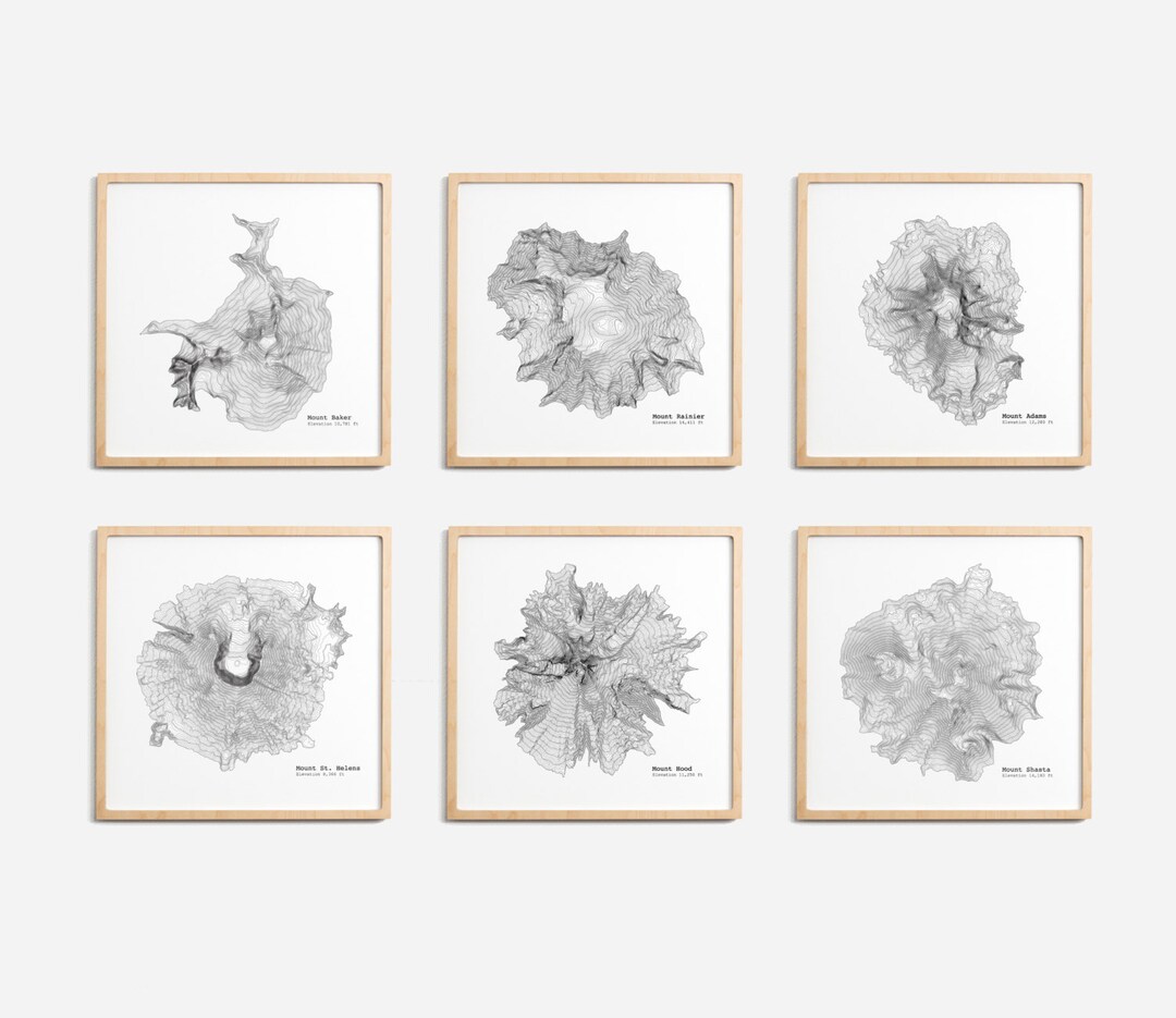 Cascade Range Topographic Map Art Print Set – Rainier, Hood, Shasta ...