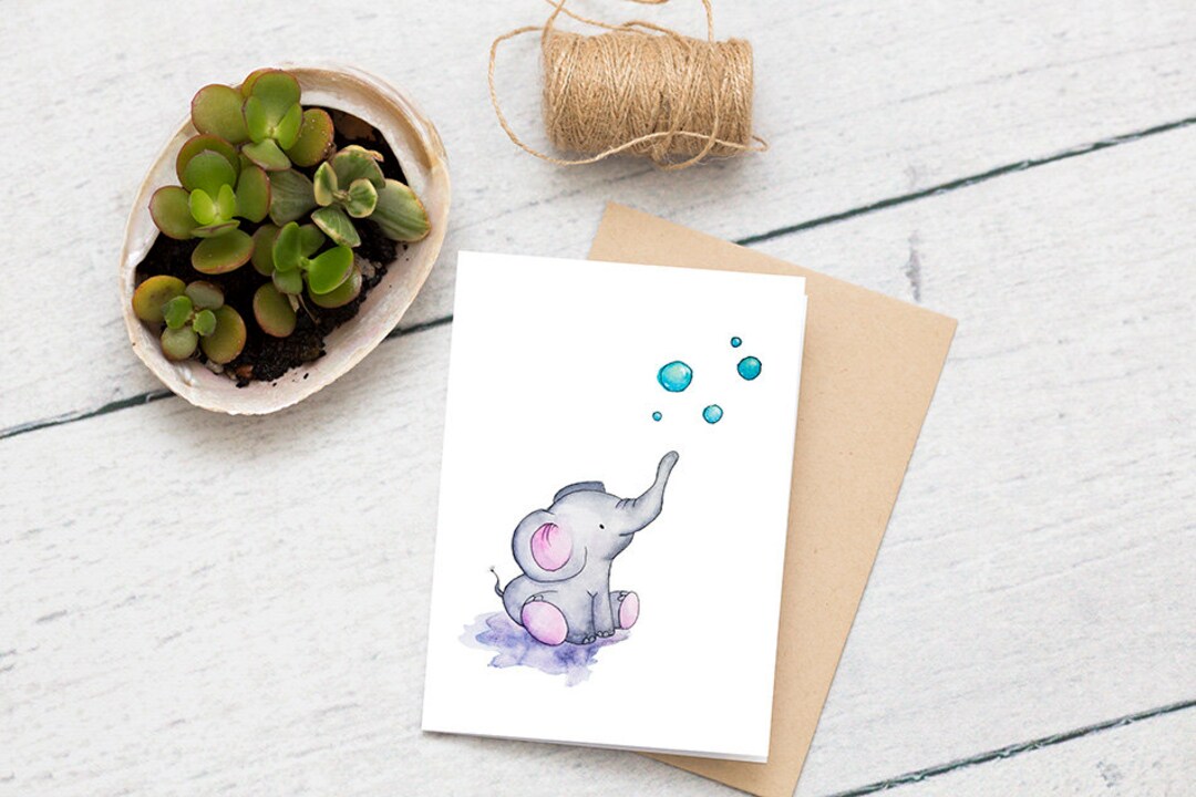 Greeting Card Hubert the Elephant Watercolour, Blank Inside, A6 ...