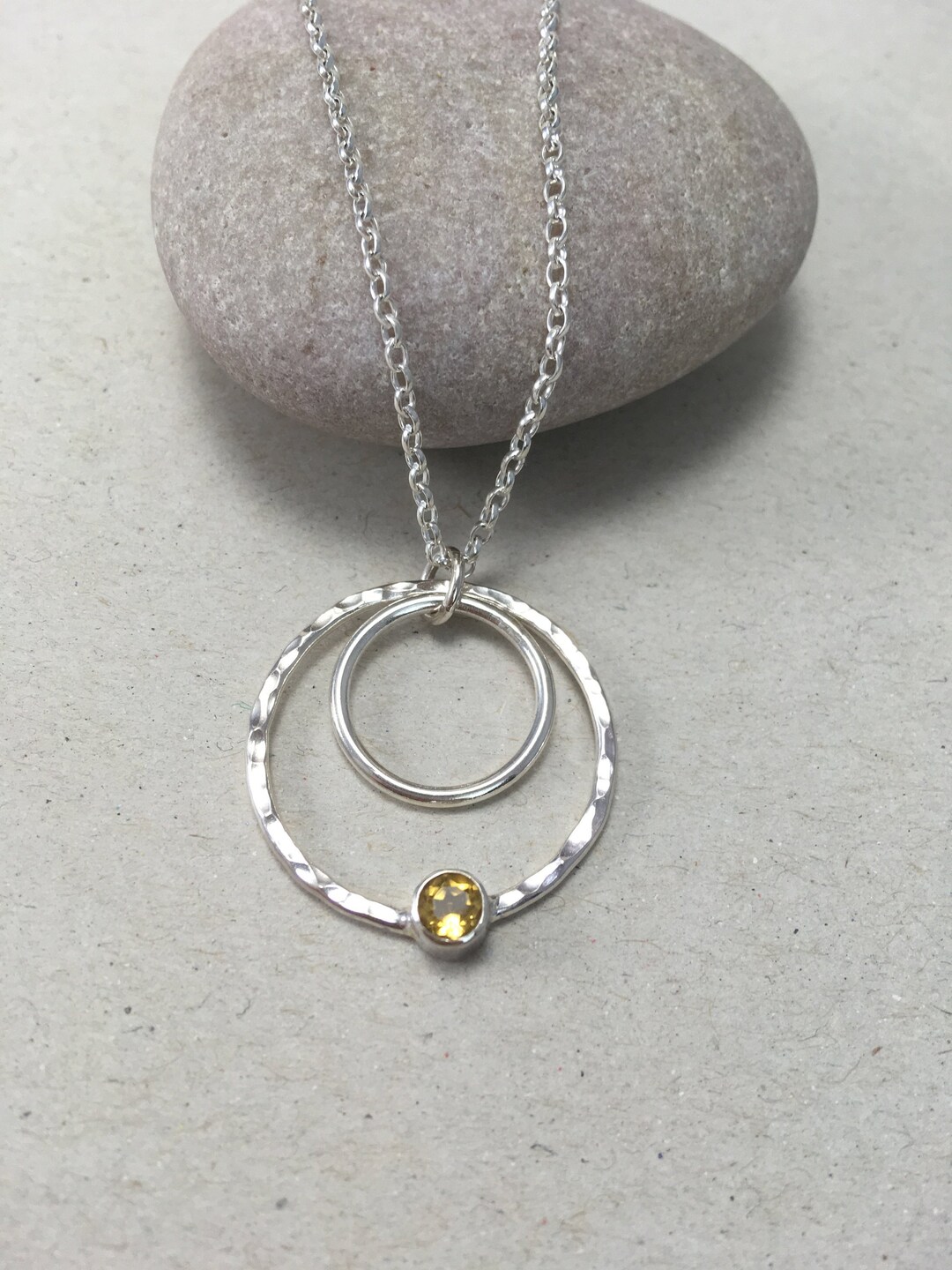 Citrine Sterling Silver Circle Necklace, Hammered Citrine Silver ...
