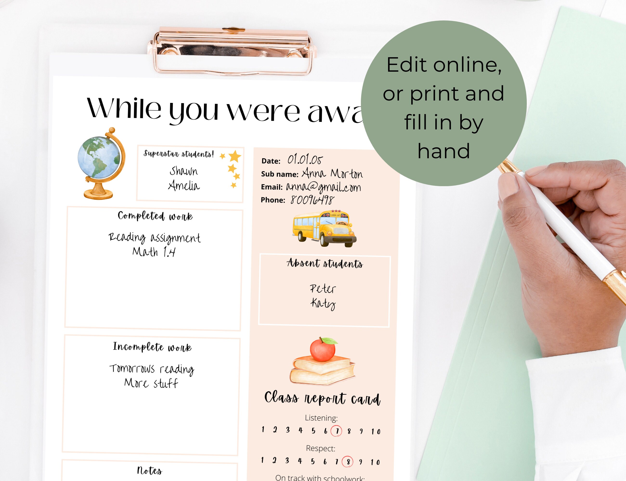 Substitute Teacher Note, Canva Template Printable With While You Were ...