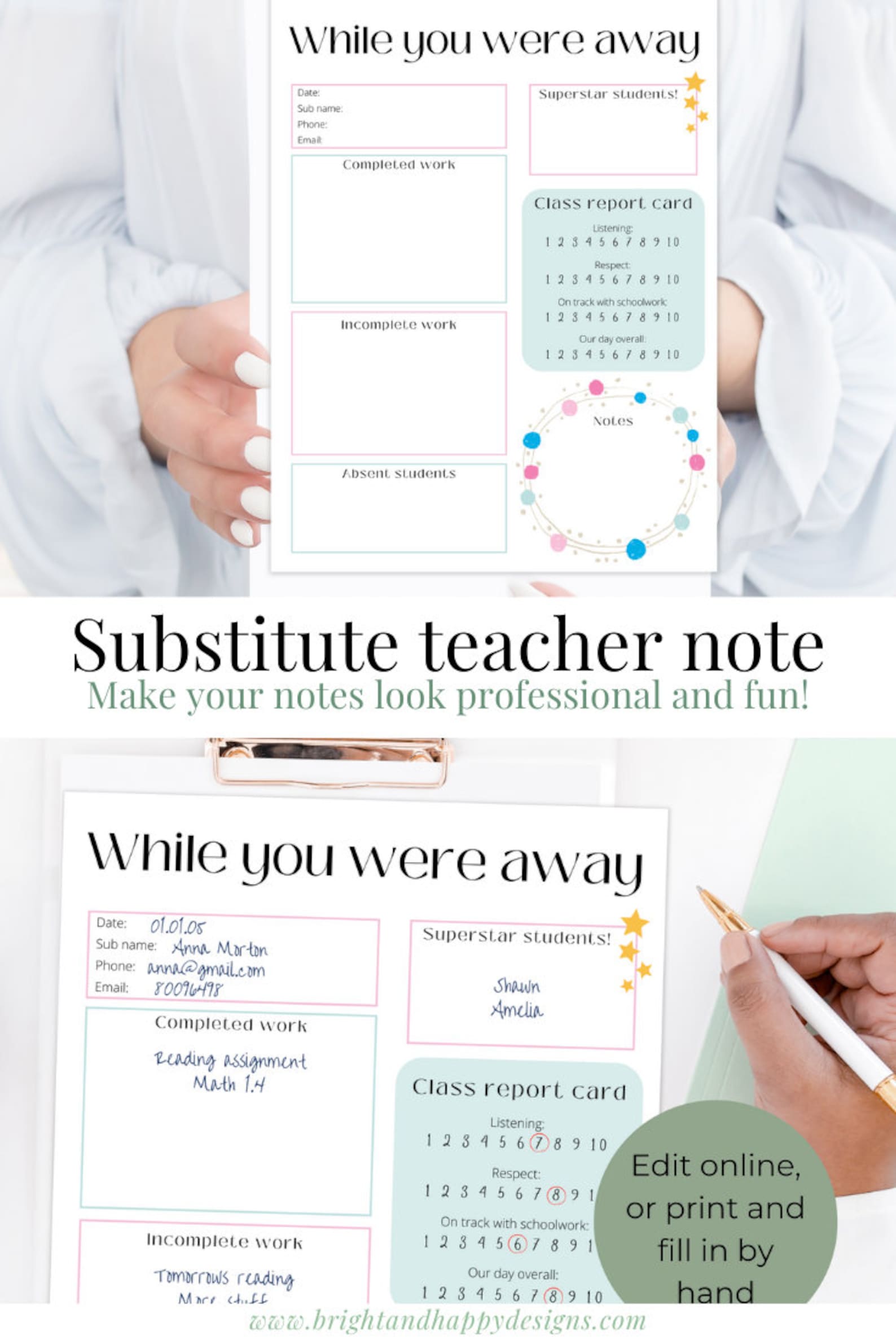 Substitute Teacher Note, Canva Template Printable With While You Were ...