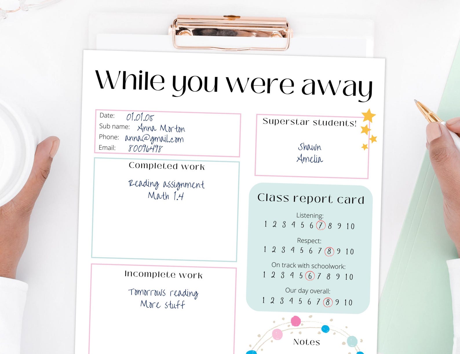 Substitute Teacher Note, Canva Template Printable With While You Were ...