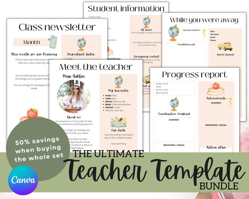 Teacher Bundle Canva Templates With Meet the Teacher, Substitute Note ...