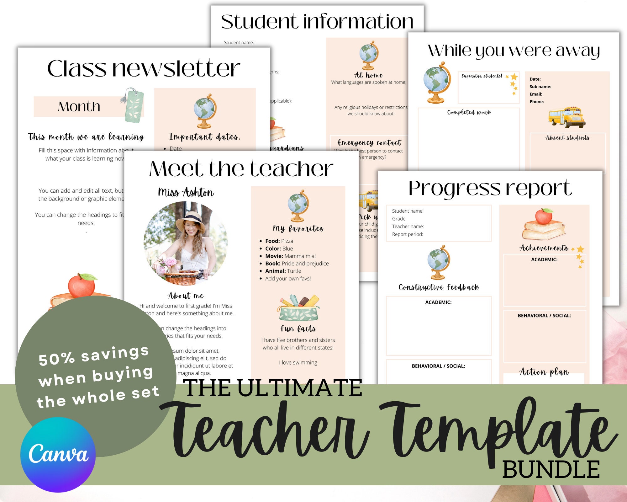 Teacher Bundle Canva Templates With Meet the Teacher, Substitute Note ...