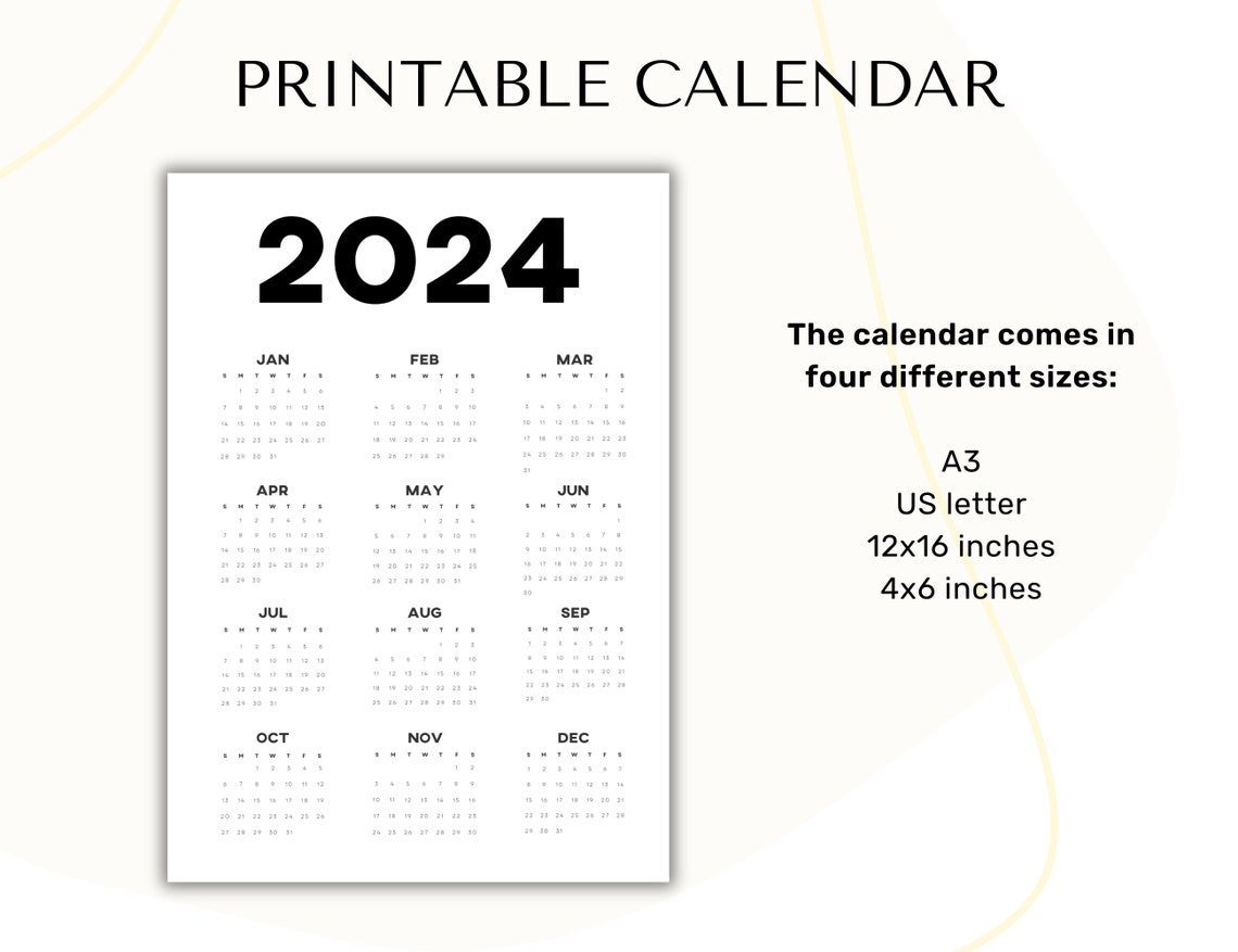 Minimalist Calendar Printable Large Wall Calendar 2024, Year at a ...