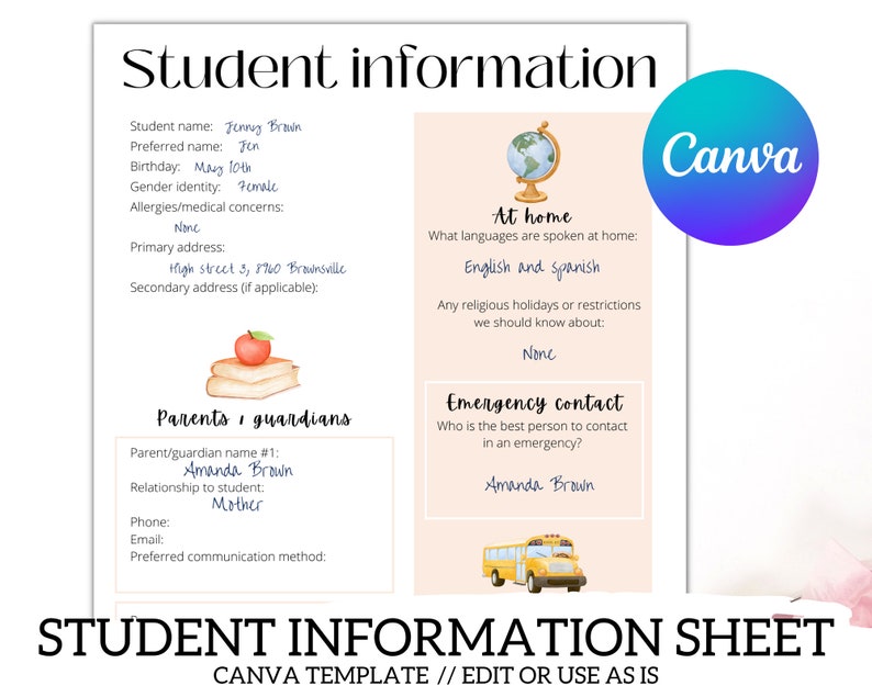 Student Information Sheet Canva Template Teacher Printable - Etsy