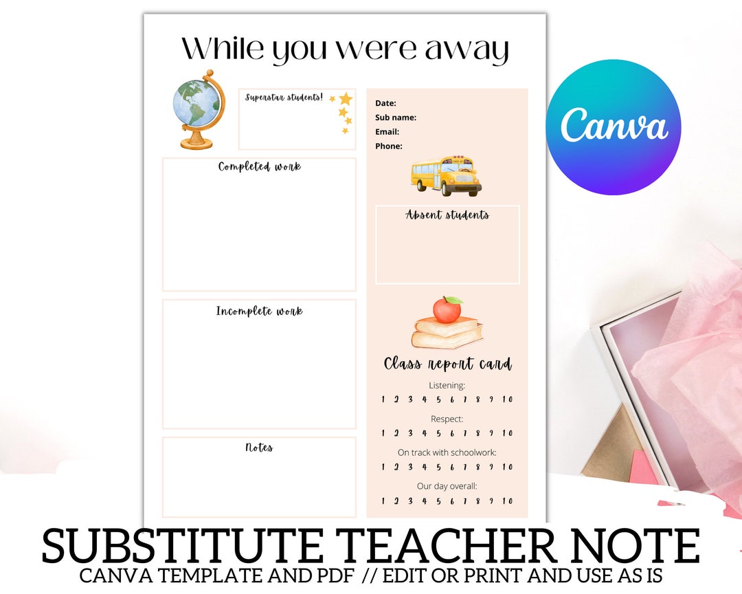 Substitute Teacher Note, Canva Template Printable With While You Were ...
