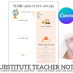 Substitute Teacher Note, Canva Template Printable With While You Were ...