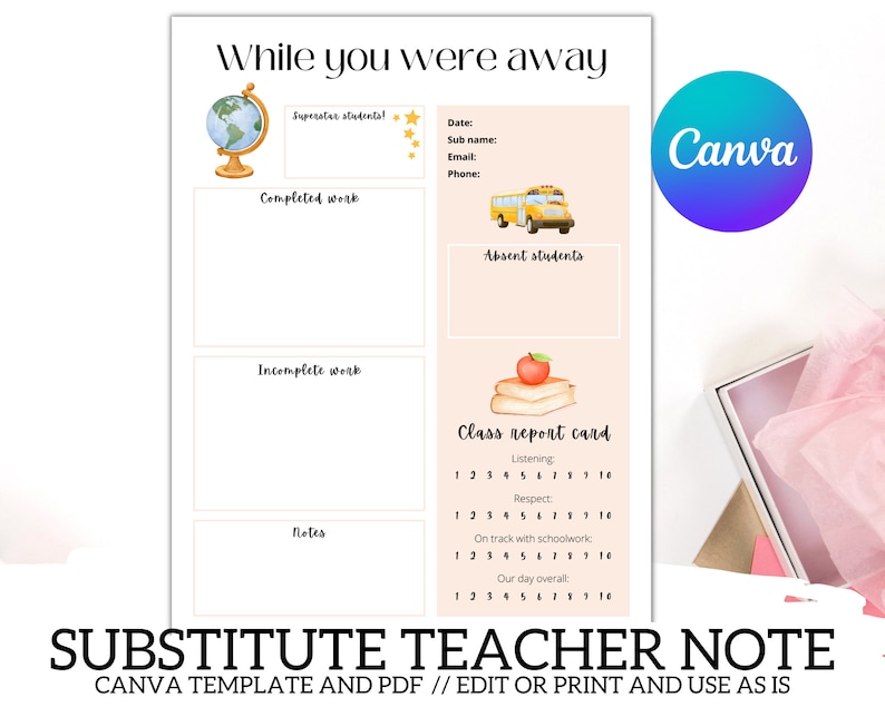 Substitute Teacher Note, Canva Template Printable With While You Were ...