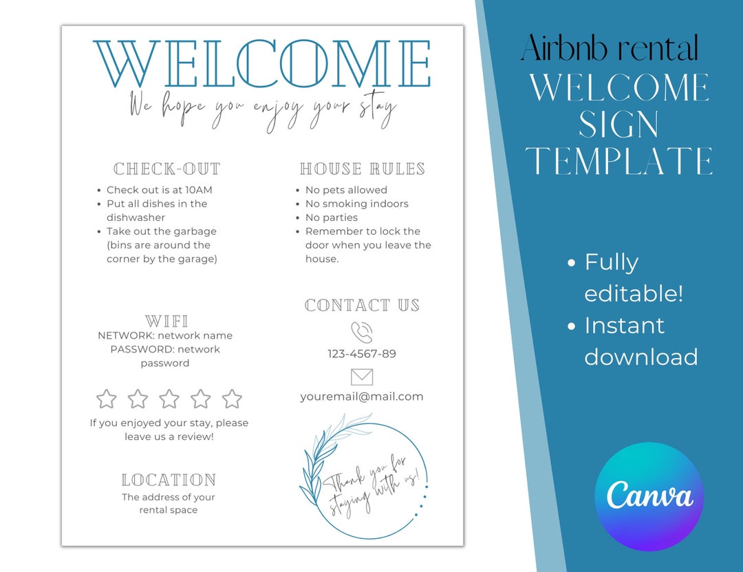 Airbnb Welcome Sign Template Editable in Canva for Rental Home Host ...