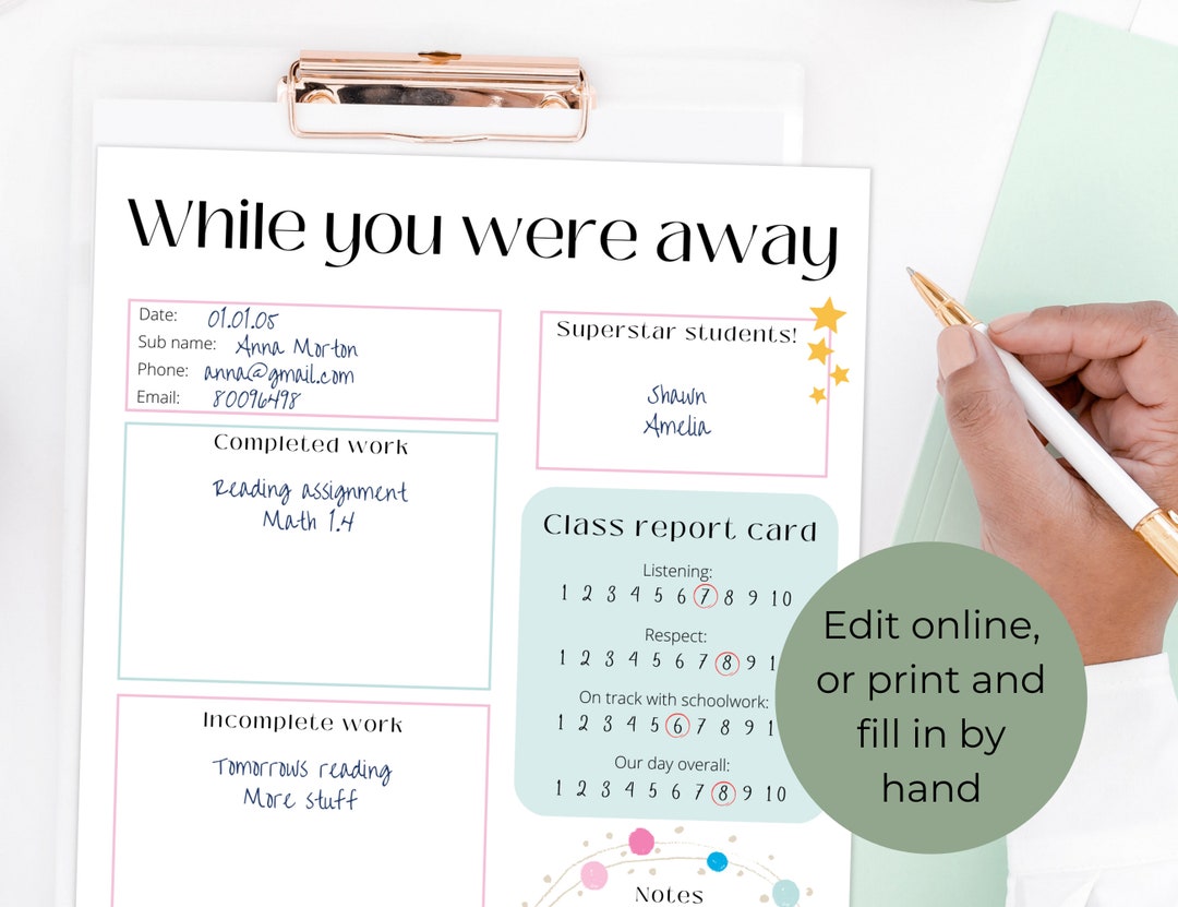 Substitute Teacher Note, Canva Template Printable With While You Were ...