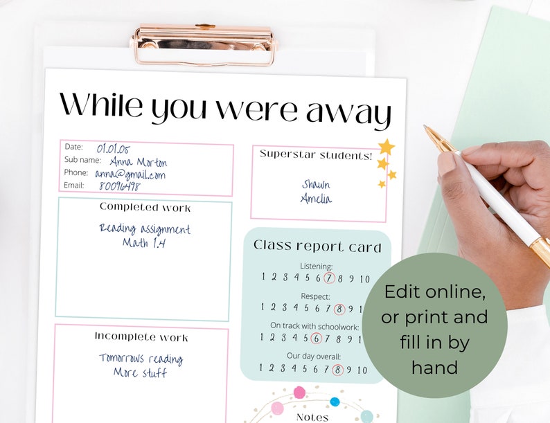 Substitute Teacher Note, Canva Template Printable With While You Were ...