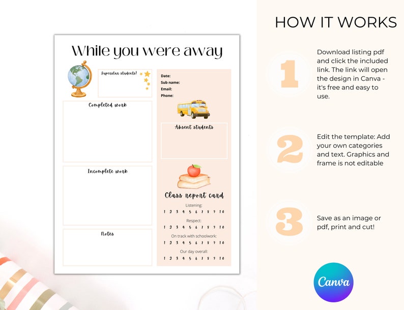Substitute Teacher Note, Canva Template Printable With While You Were ...