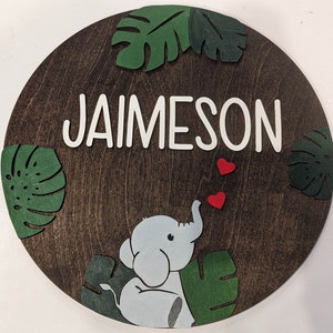 Jungle Animals Baby Name Plaques, 3D Round Elephant Nursery Name Sign ...