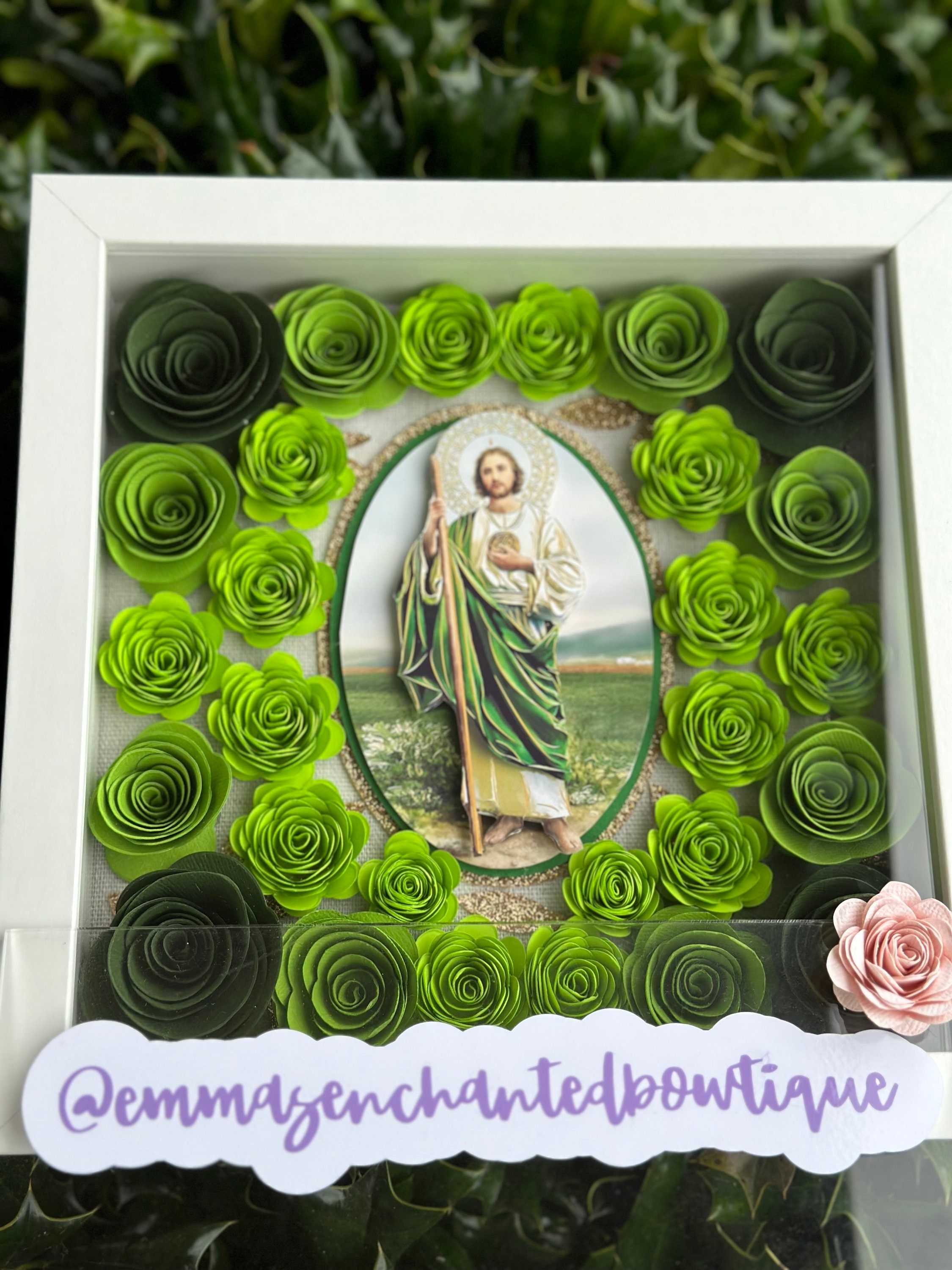 San Judas Tadeo Flower Shadow Box, Green Rose Flower Shadow Box - Etsy