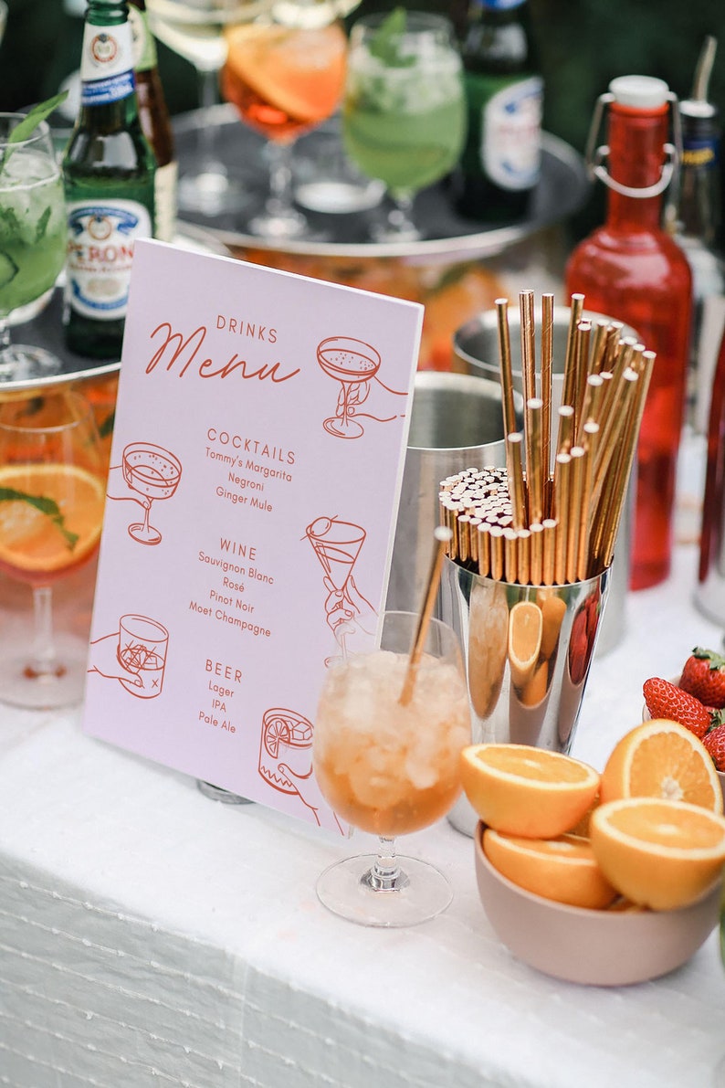 Editable Hand-illustrated Cocktail Bar Menu, Wedding Drinks Card ...
