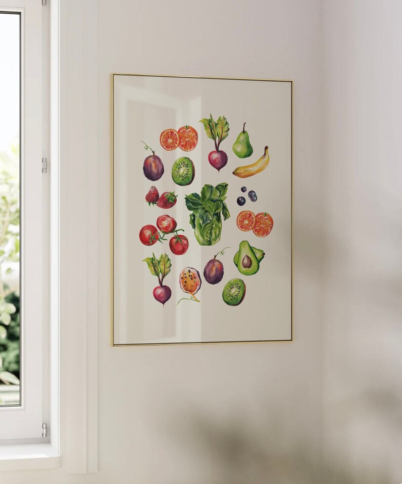 Kitchen Wall Art Watercolour Food Print Hand Drawn Illustration Fruits ...