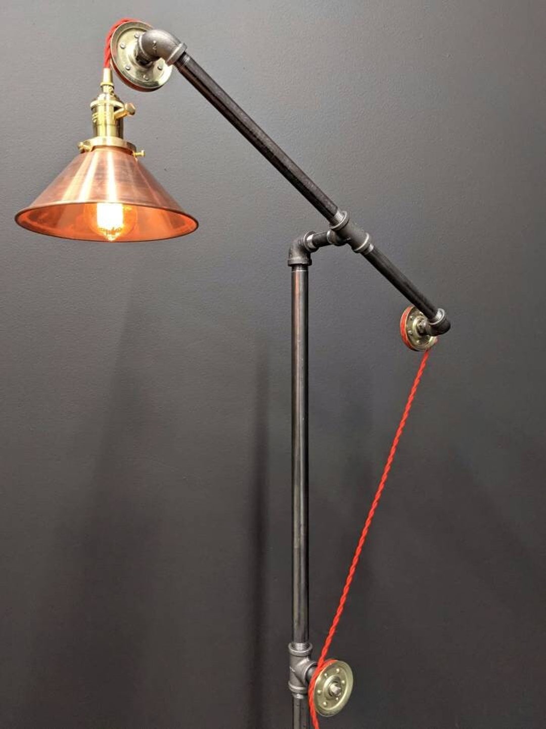 Industrial Standing Pulley Floor Lamp - Copper Shade - Reading Light ...