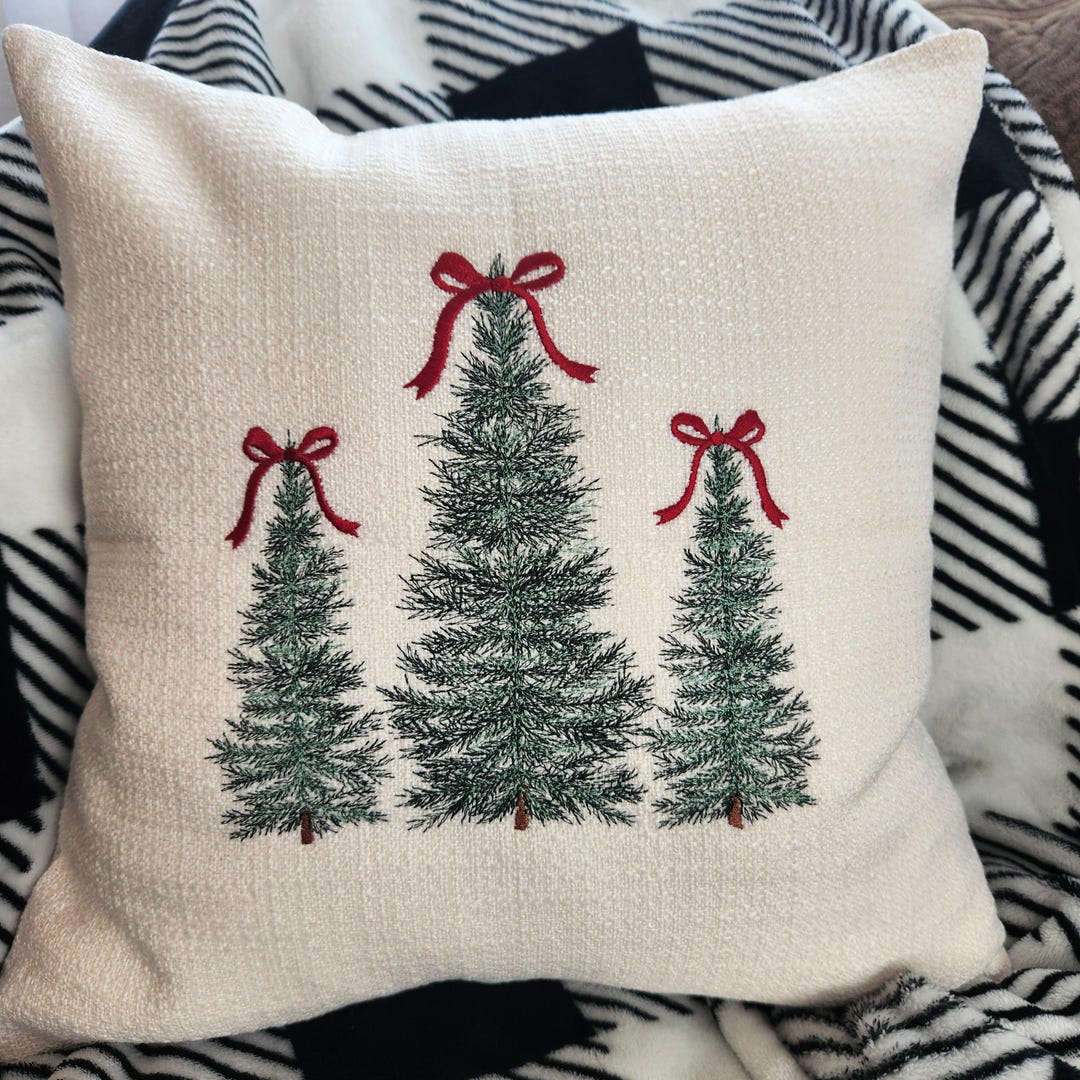 Embroidered Christmas Tree 16x16 Pillow, Polyester Linen, With Pillow ...