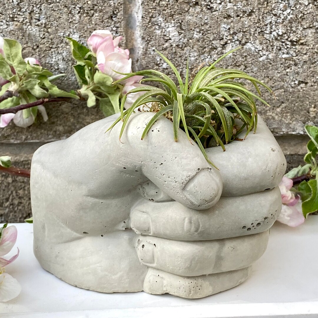 Unique Cement Decor Hand Fist Planter Small Indoor Pot With Drainage ...
