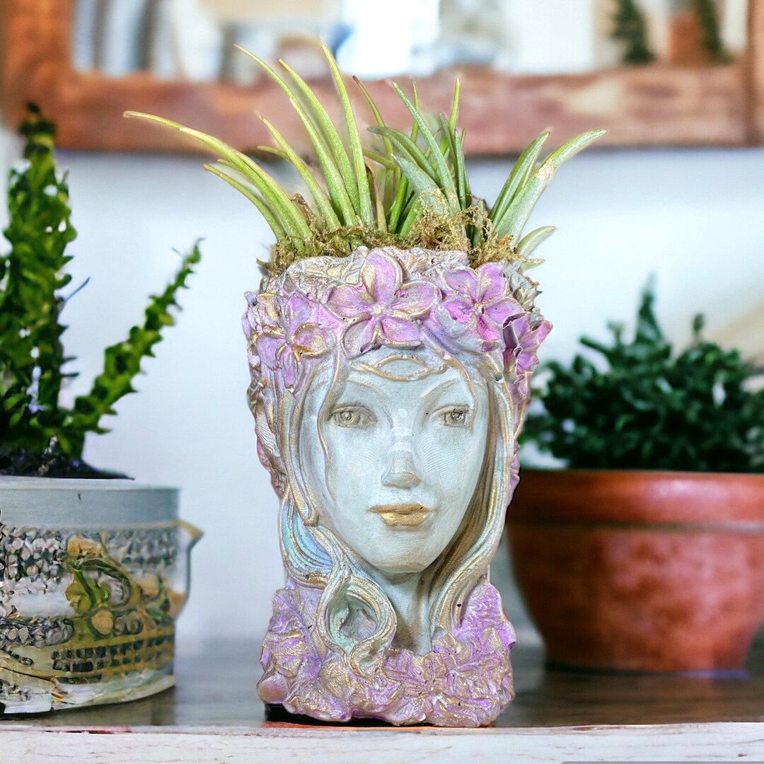 Mini Cement Lady Head Planter Whimsical Fairy Decor Mother Nature ...