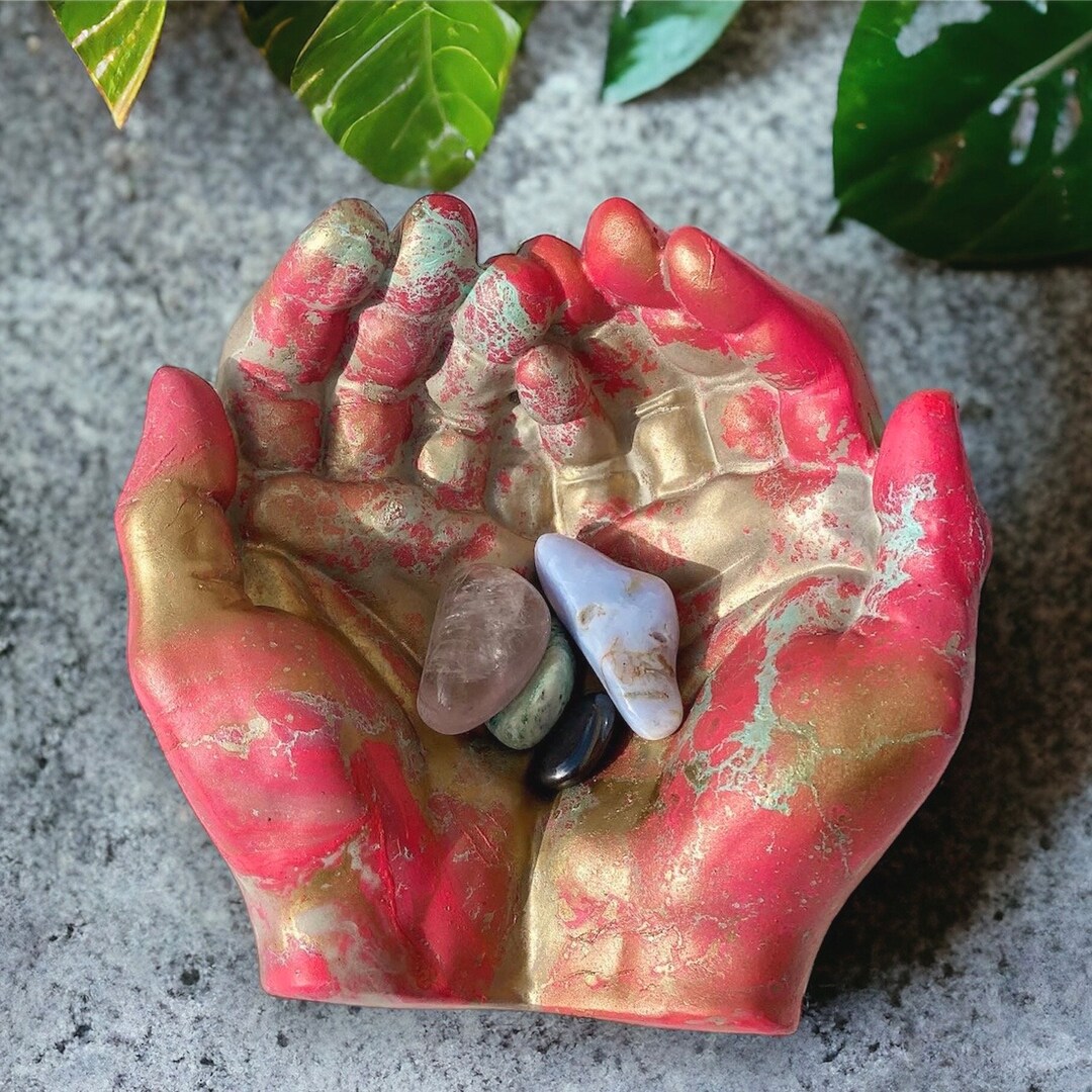 Hand Cement Hand Planter, Holding Hand Bowl Pink, Light Blue and Gold ...